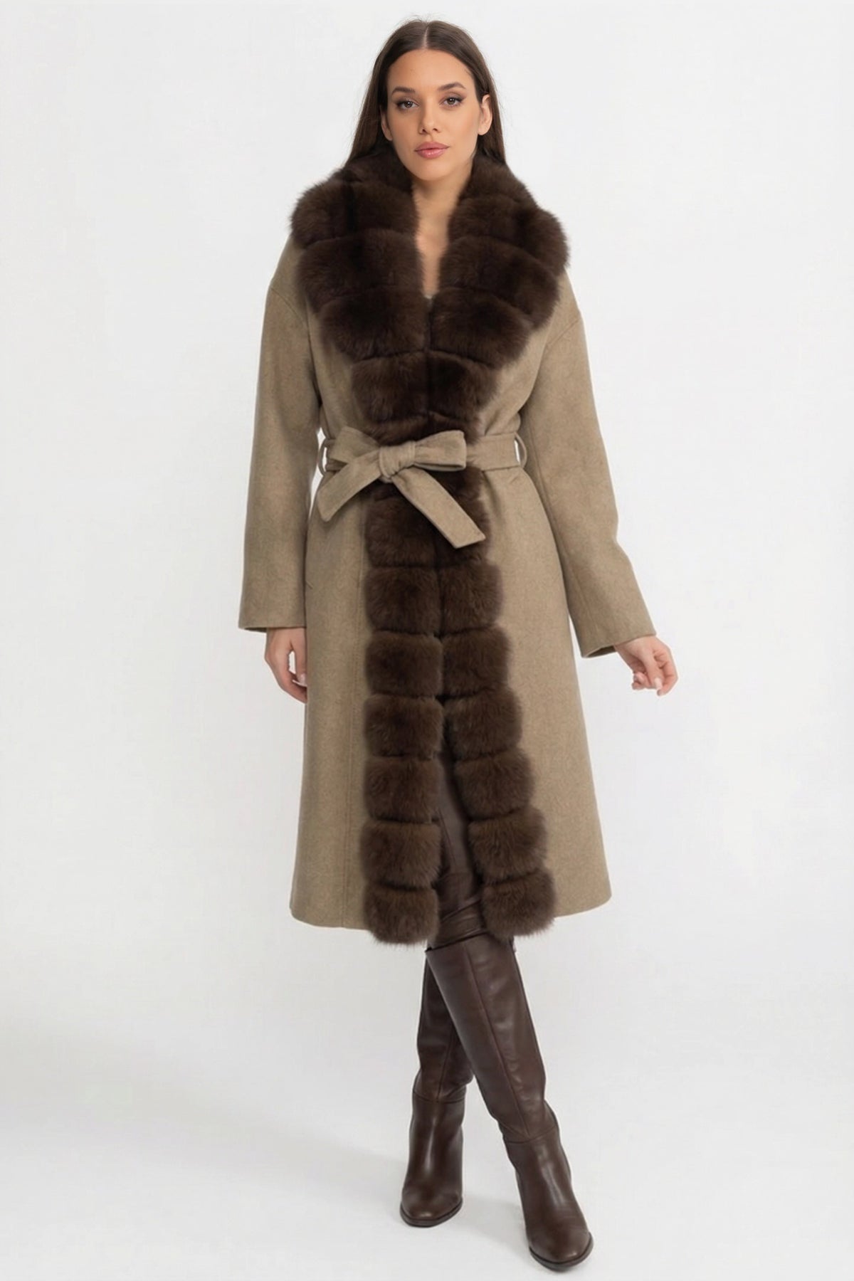 Wool Long Coat with Fox Fur Front – Khaki